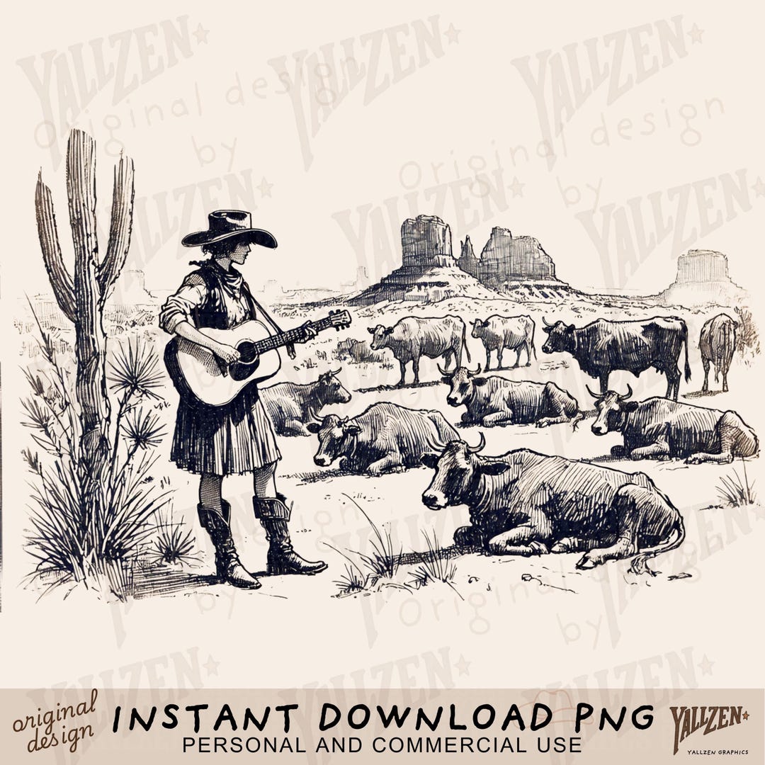 Cowgirl Playing Guitar for Cattle Western Vintage PNG, Country Music ...