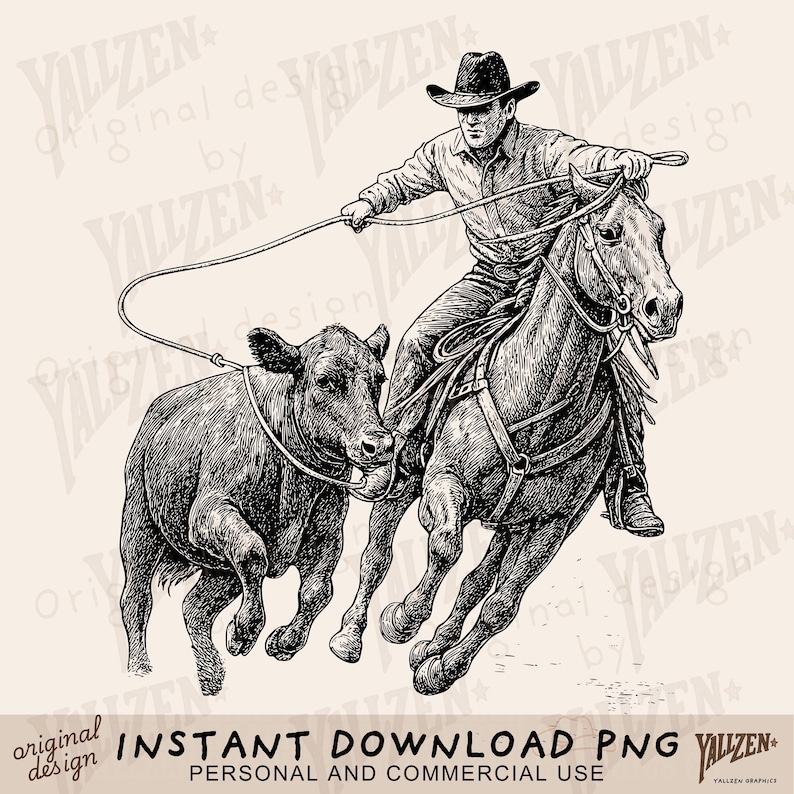 Cowboy Roping Steer PNG Digital Download • Vintage Rodeo Western Line ...