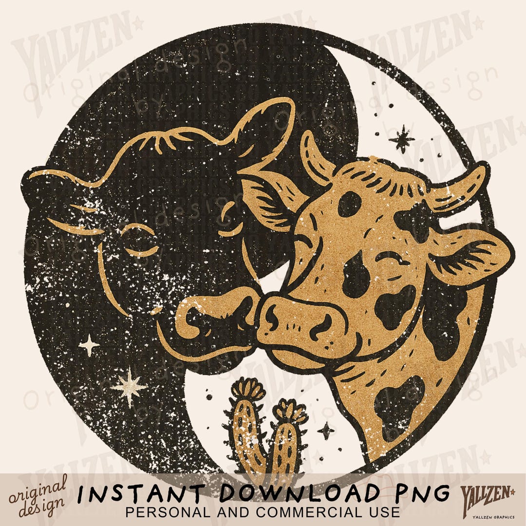 Yin Yang Cow Clipart, Rustic Moon and Sun Cow Digital Download, Western ...