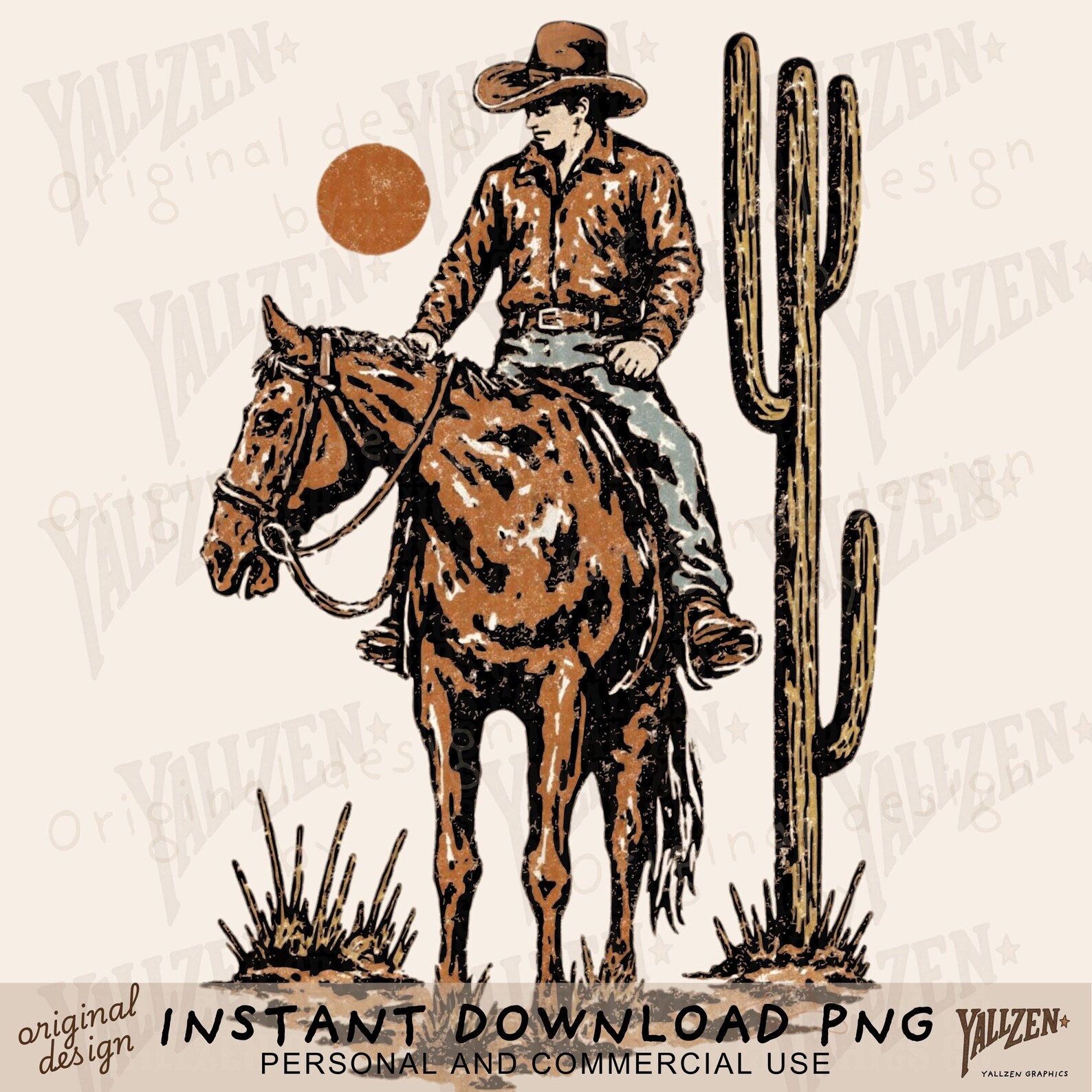 Cowboy on Horse PNG | Rustic Western Clipart | Vintage Desert Ranch ...