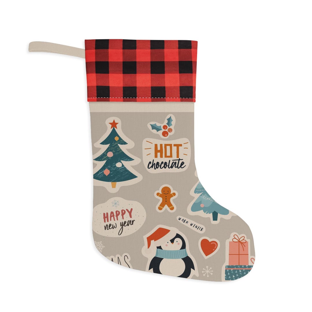 Present Stocking With Christmas Sticker Collage | Buffalo Check Cuff - Etsy