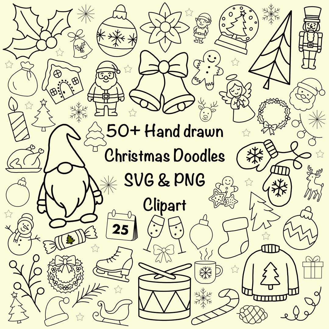 Christmas Doodle SVG and PNG Bundle: 50+ Hand Drawn Festive Clipart - Etsy
