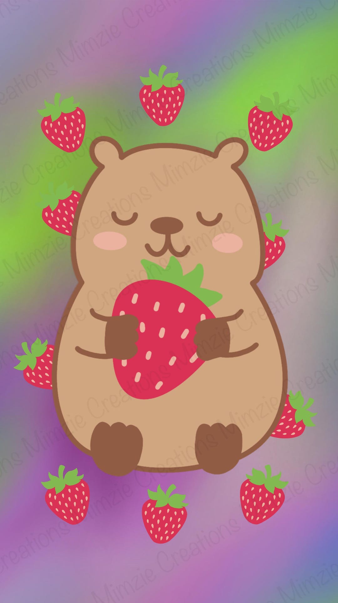 Capybara Kawaii Digital Wallpaper - Cute Capybara Strawberry Background ...
