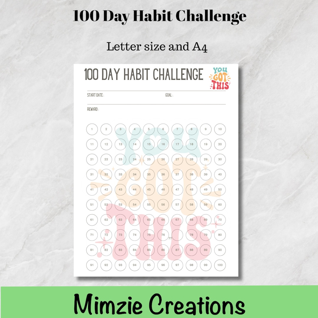100 Day Habit Tracker: Printable Daily Routine Goals Challenge PDF (A4 ...
