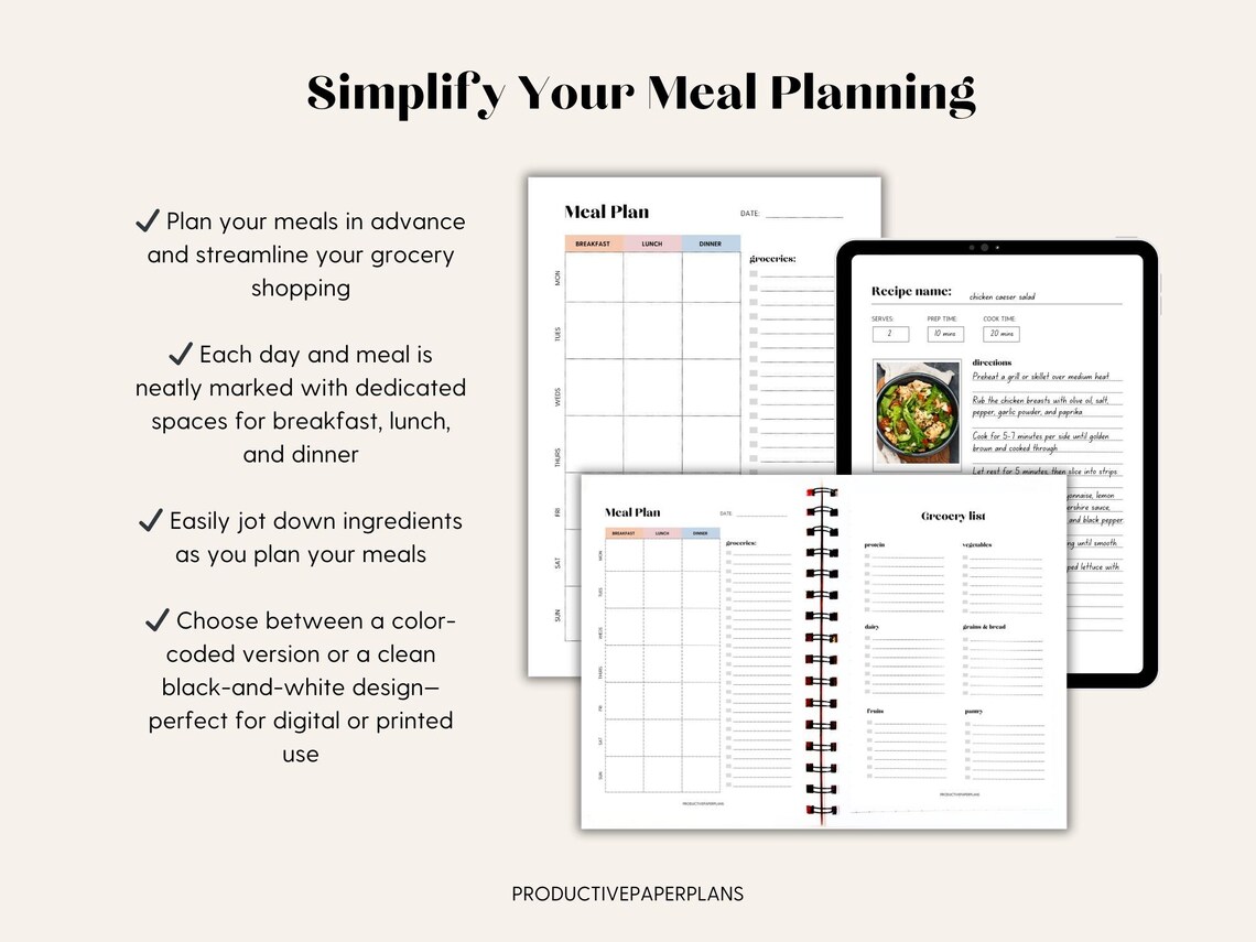 Printable Meal Planner Bundle, Digital Recipe Card, Grocery List, A4 ...