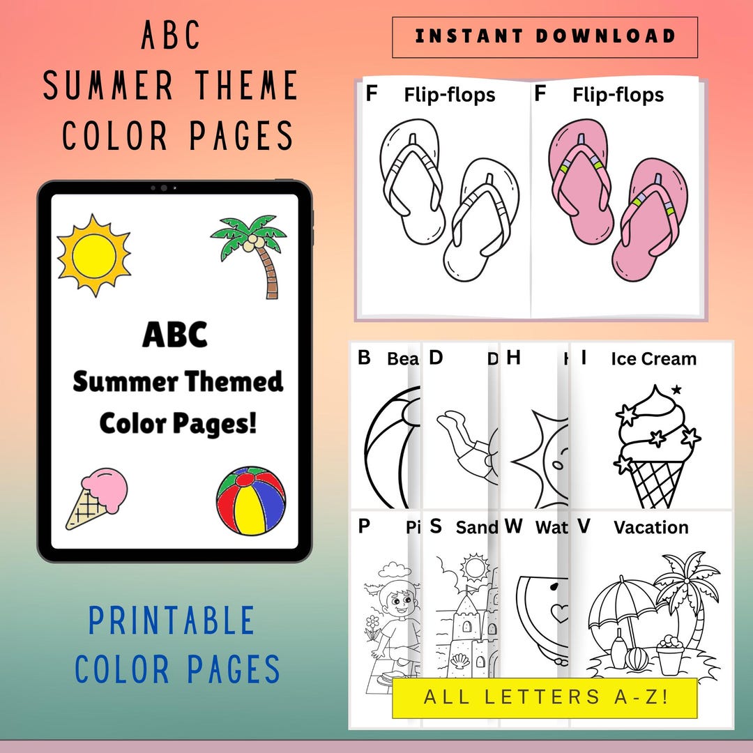 Summer Alphabet Coloring Pages for Toddlers | ABC Printable (instant ...