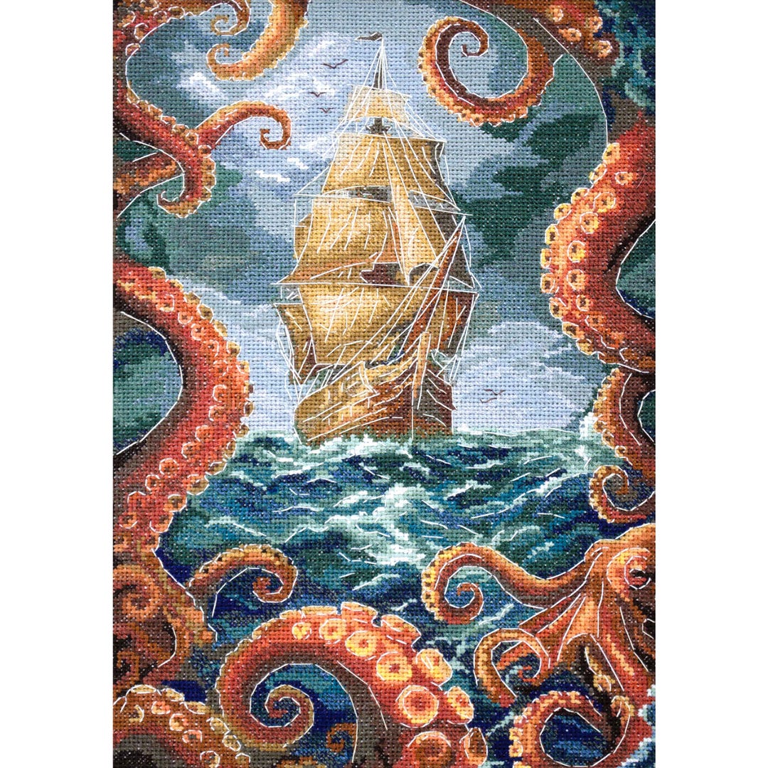 Cross Stitch Kit - Ocean Abyss, Kraken’s Grasp, Pirate Ship Embroidery ...