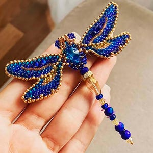 Bead Embroidery Kit - Dragonfly Brooch, Beaded Royal Dragonfly, Insect Embroidery, DIY Blue ...