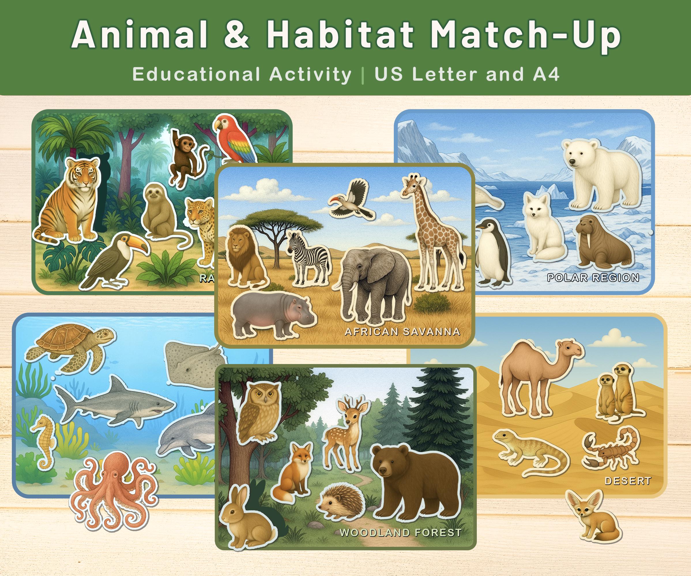 Animal Habitat Match up Game, Learn Animals and Their Homes, Printable ...