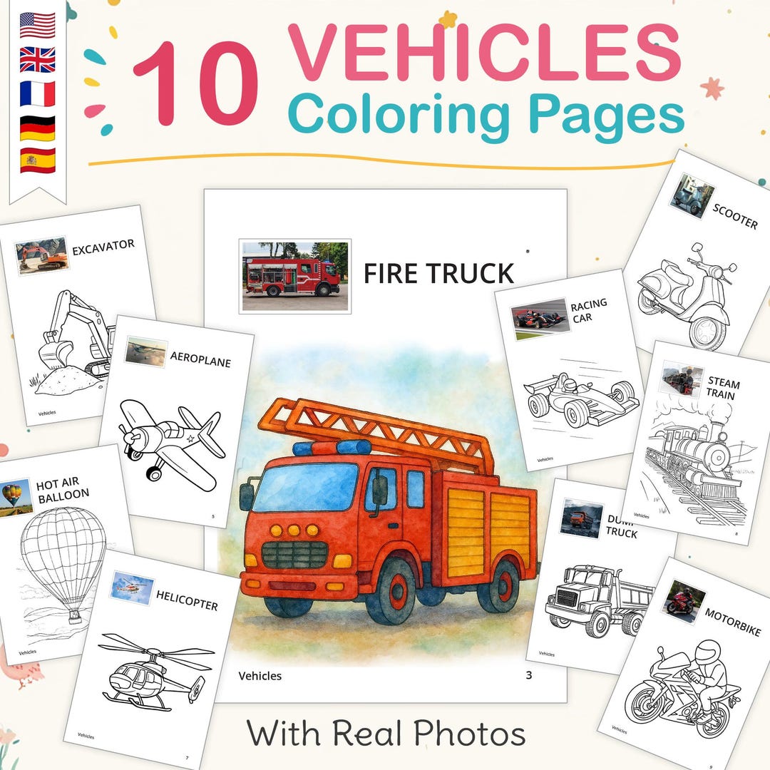 10 Vehicle Coloring Pages With Real Photos – Montessori-inspired ...