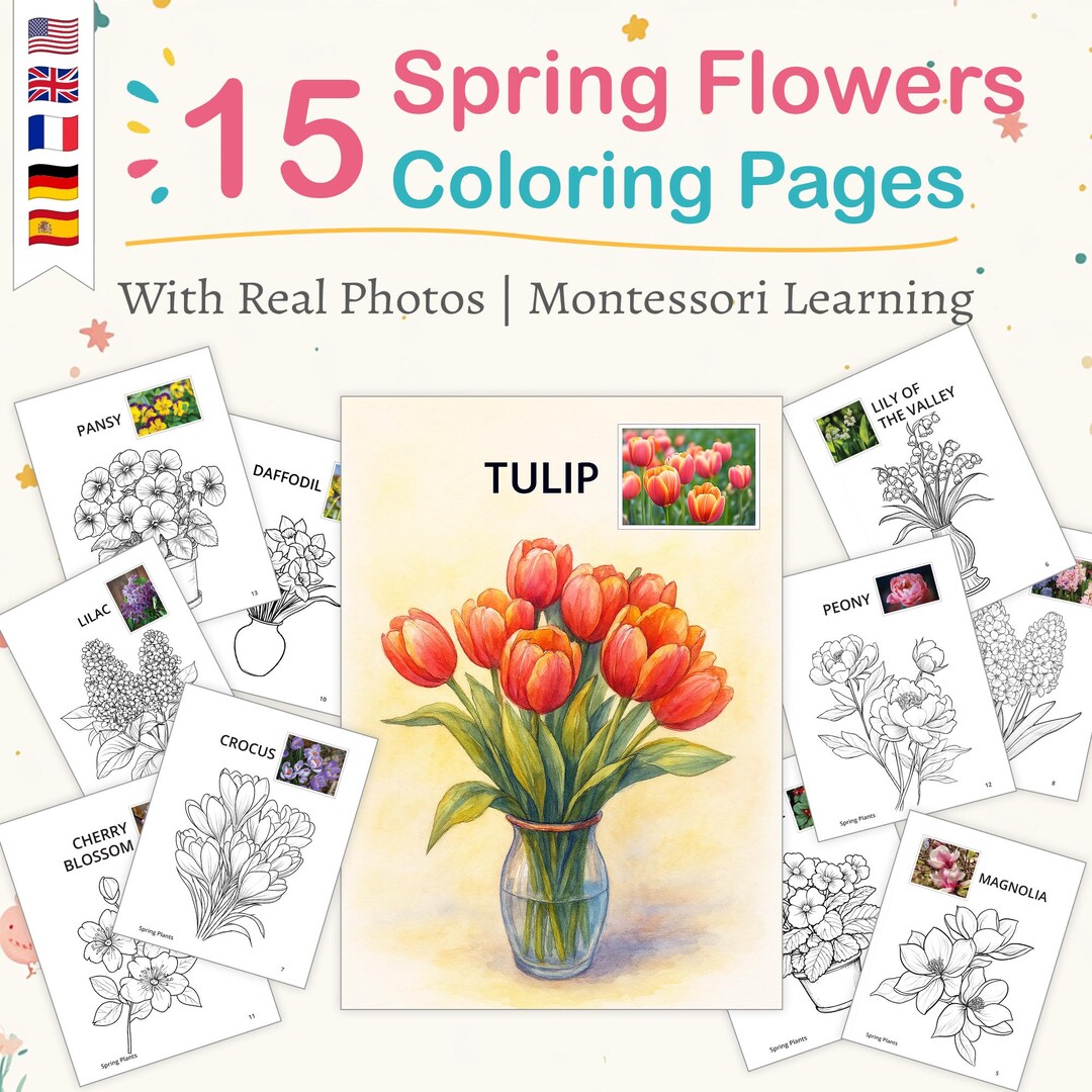 15 Spring Flowers Coloring Pages With Photos, Montessori Learning ...