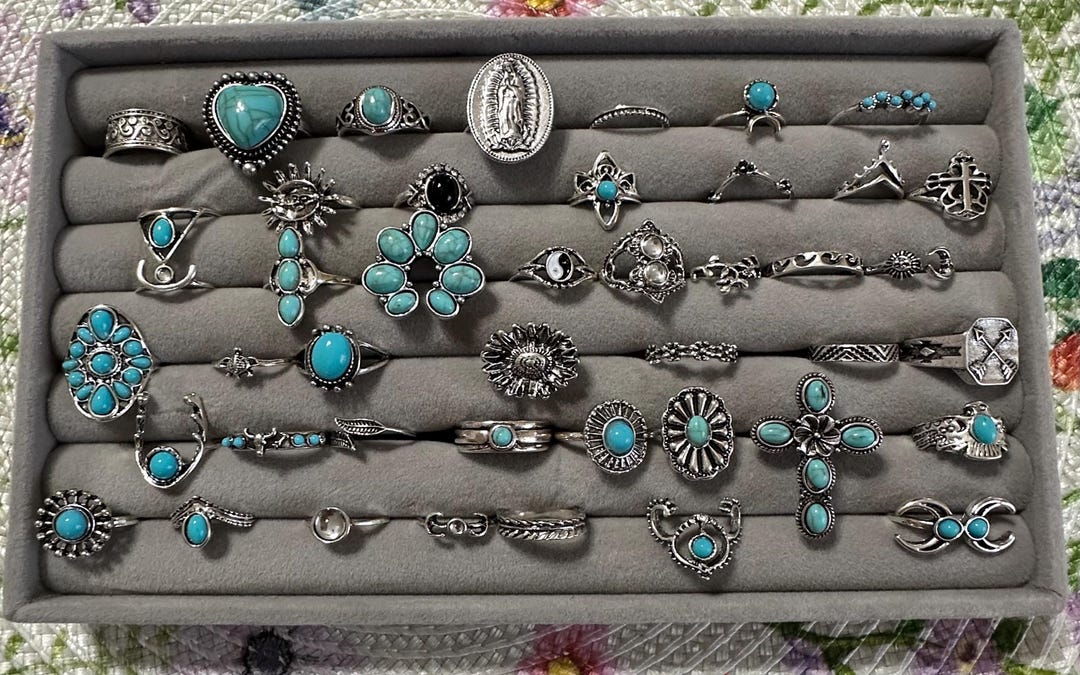 Stackable Rings Set - Silver Tone- Synthetic Turquoise- Stackable - Set of 10 Stackable Rings ...