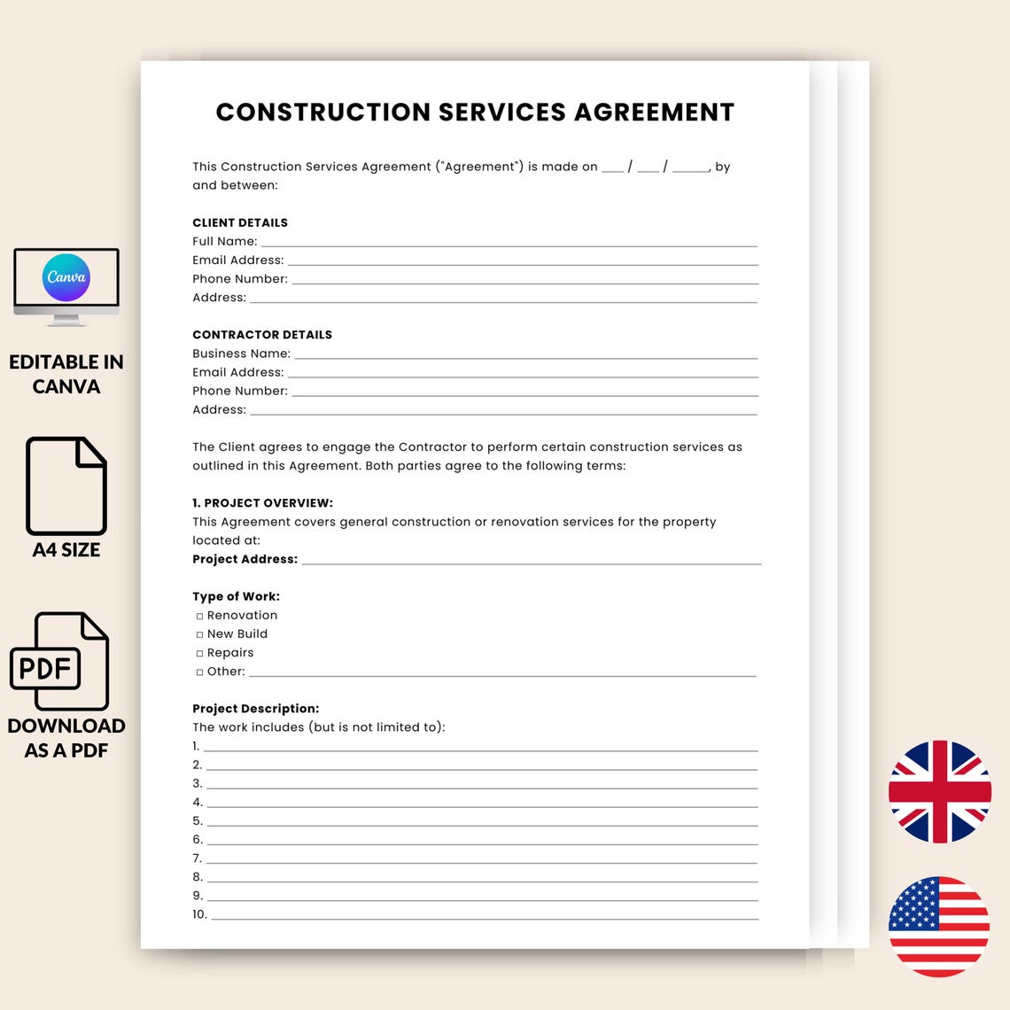 Construction Contract Template, Editable Building Agreement, A4 Canva ...