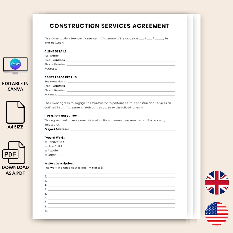 Construction Contract Template, Editable Building Agreement, A4 Canva ...