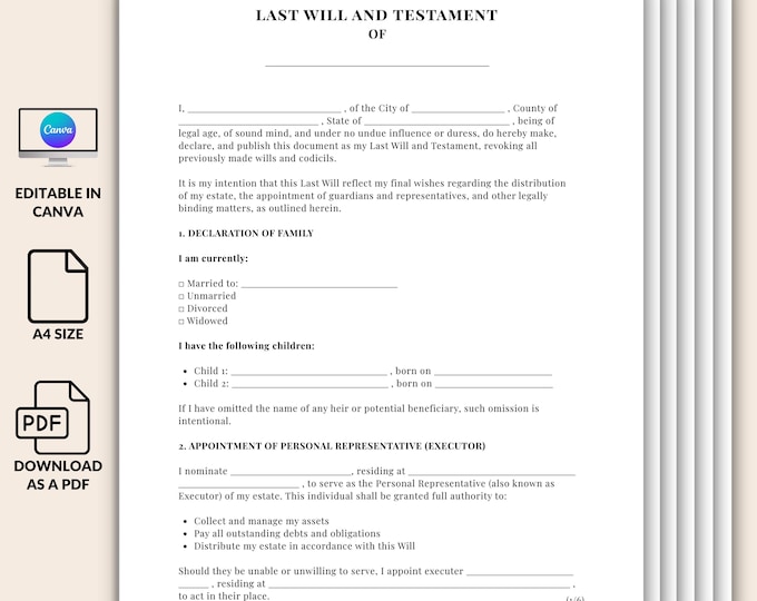 Editable Last Will and Testament Template, Printable One Page Will Form ...