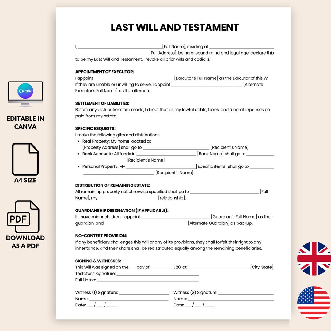 Formal Last Will and Testament Template, Printable Legal Will Form PDF ...