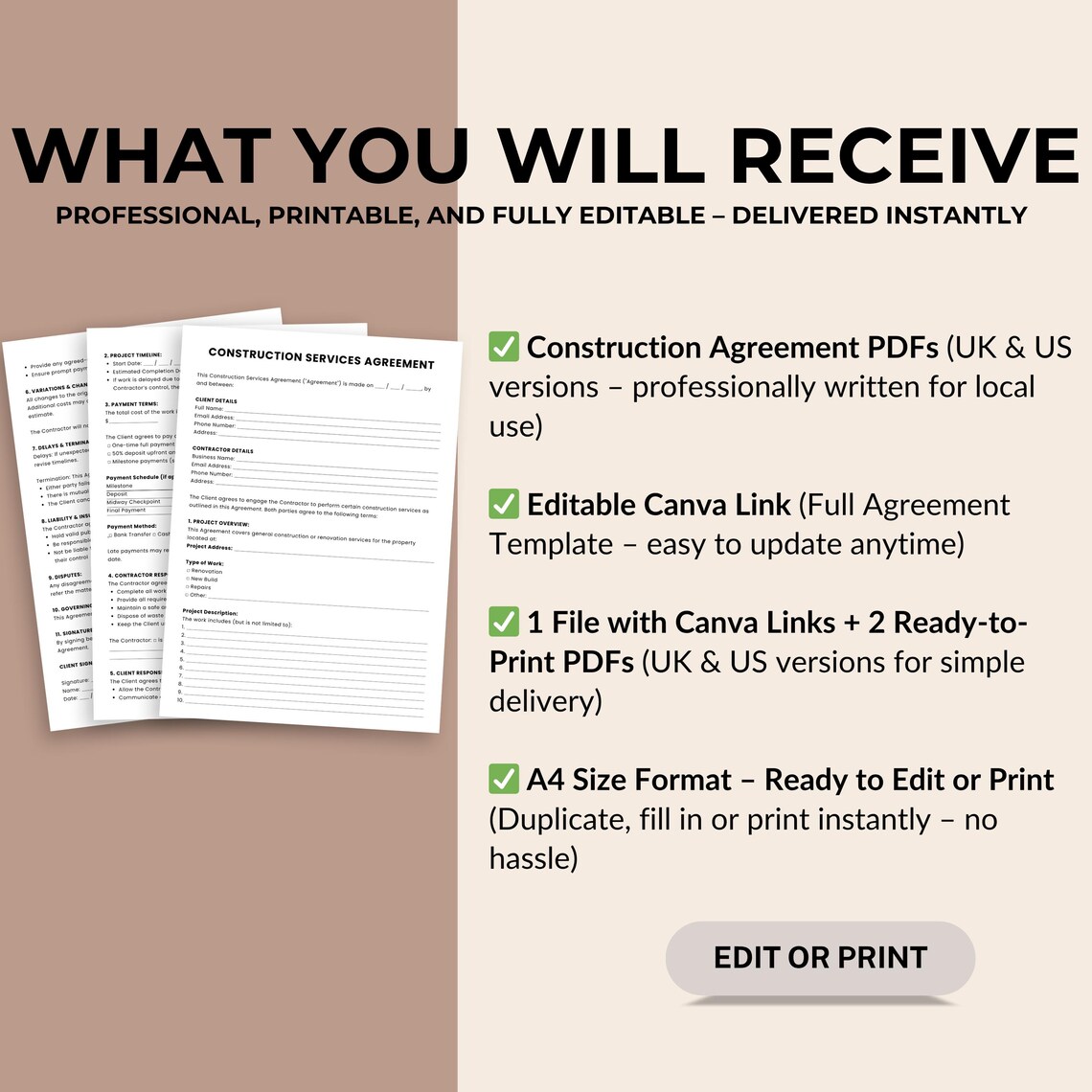 Construction Contract Template, Editable Building Agreement, A4 Canva ...