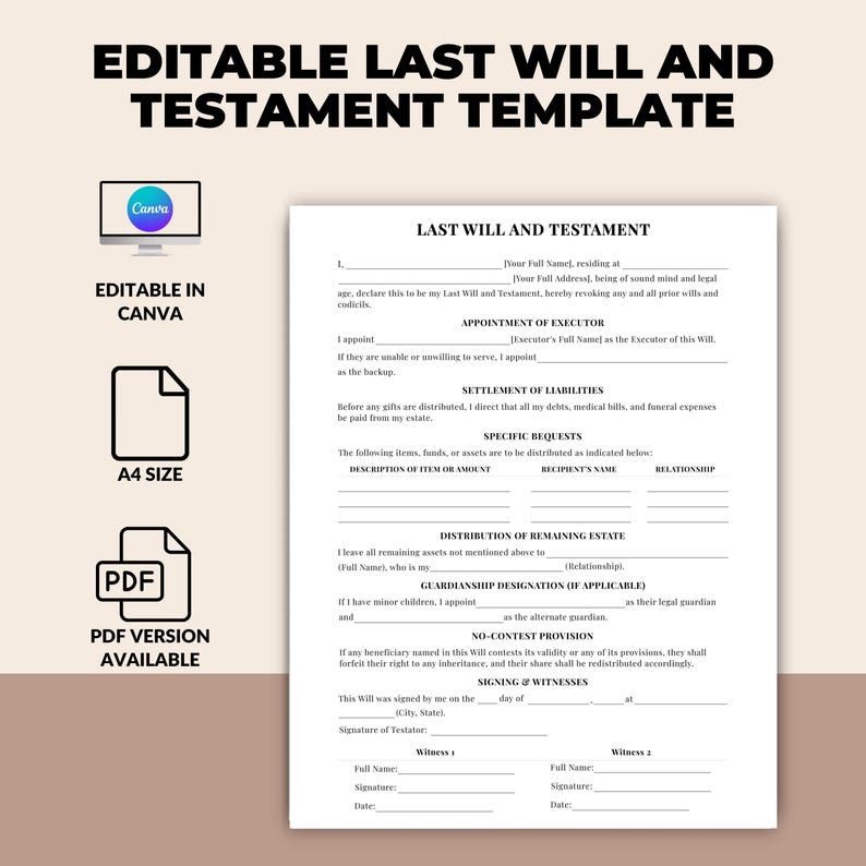 Last Will and Testament Template – Simple, Printable, Editable Form ...