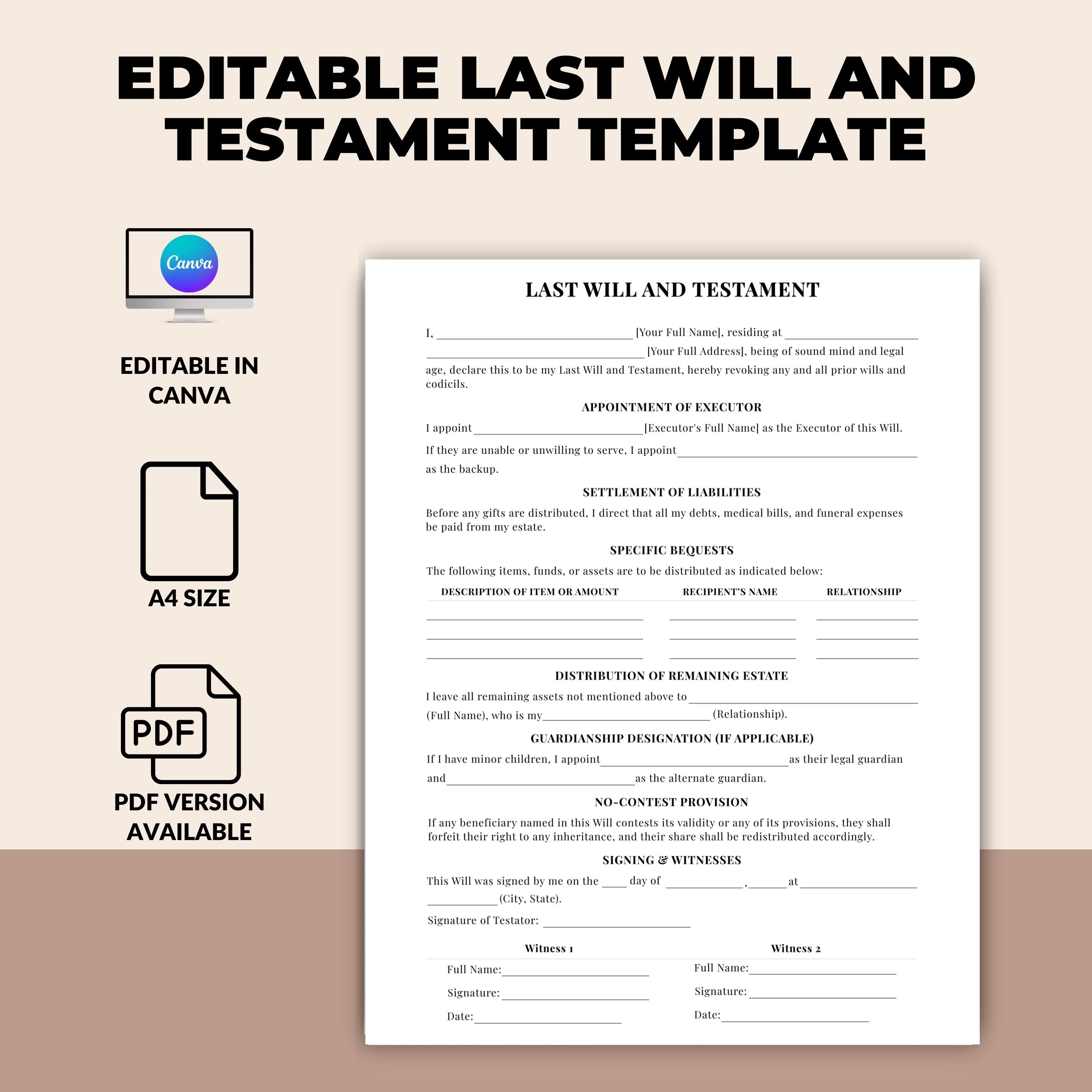 Last Will and Testament Template – Simple, Printable, Editable Form ...