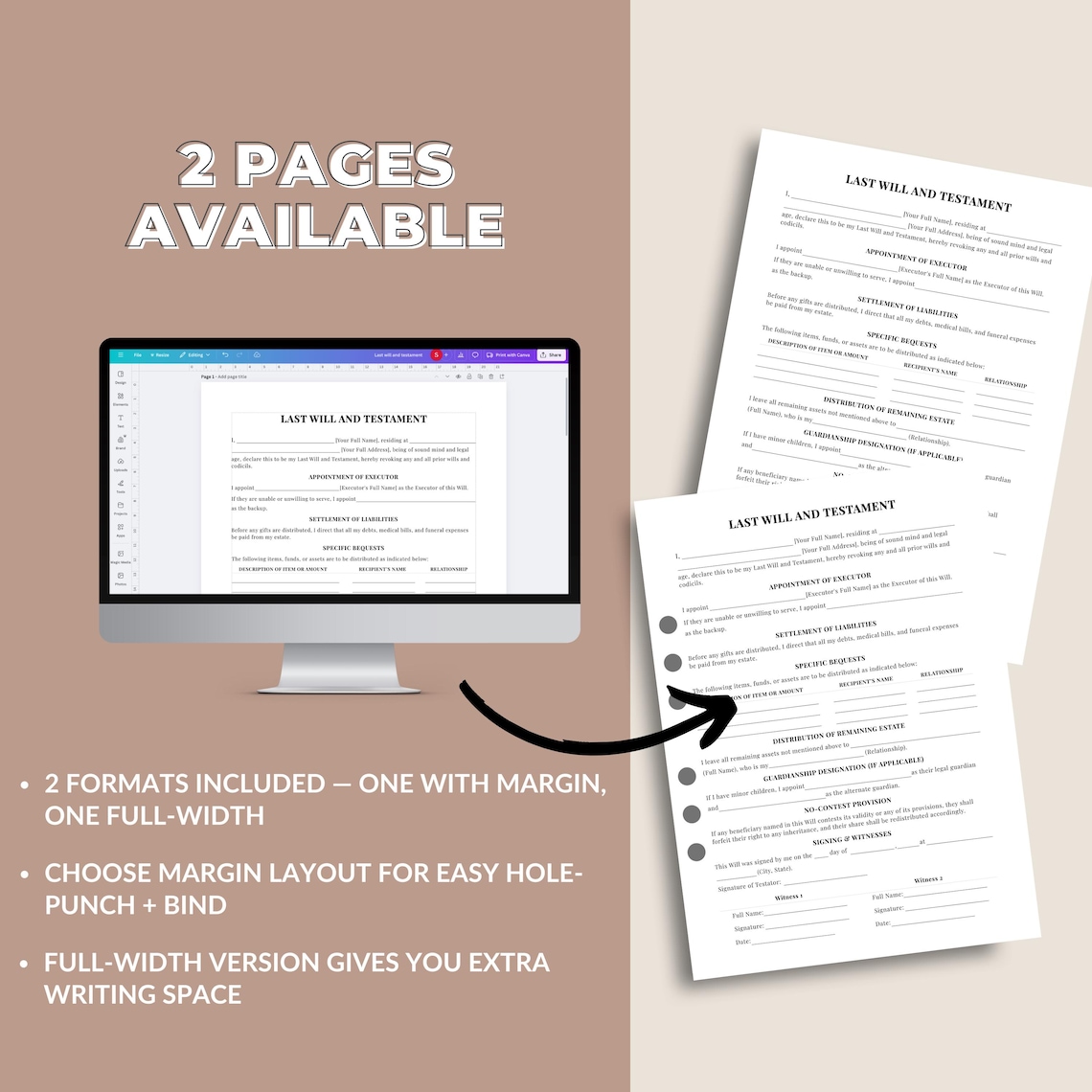 Editable Last Will and Testament Template, Printable One Page Will Form ...