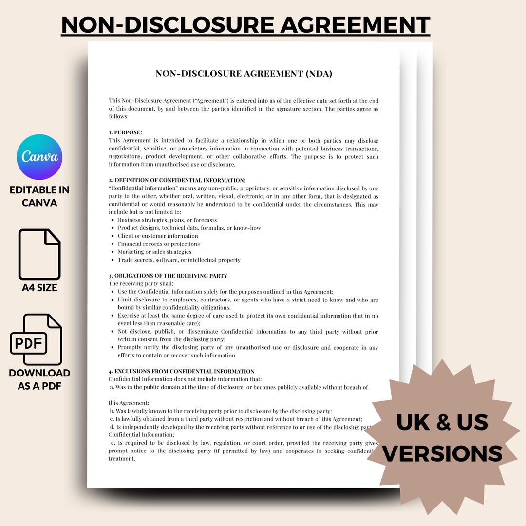 Detailed Non-disclosure Agreement Template, Confidentiality NDA Form, Editable Legal Contract ...