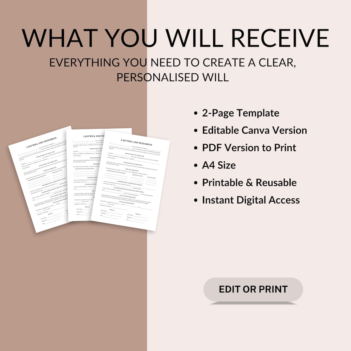 Editable Last Will and Testament Template, Printable One Page Will Form ...
