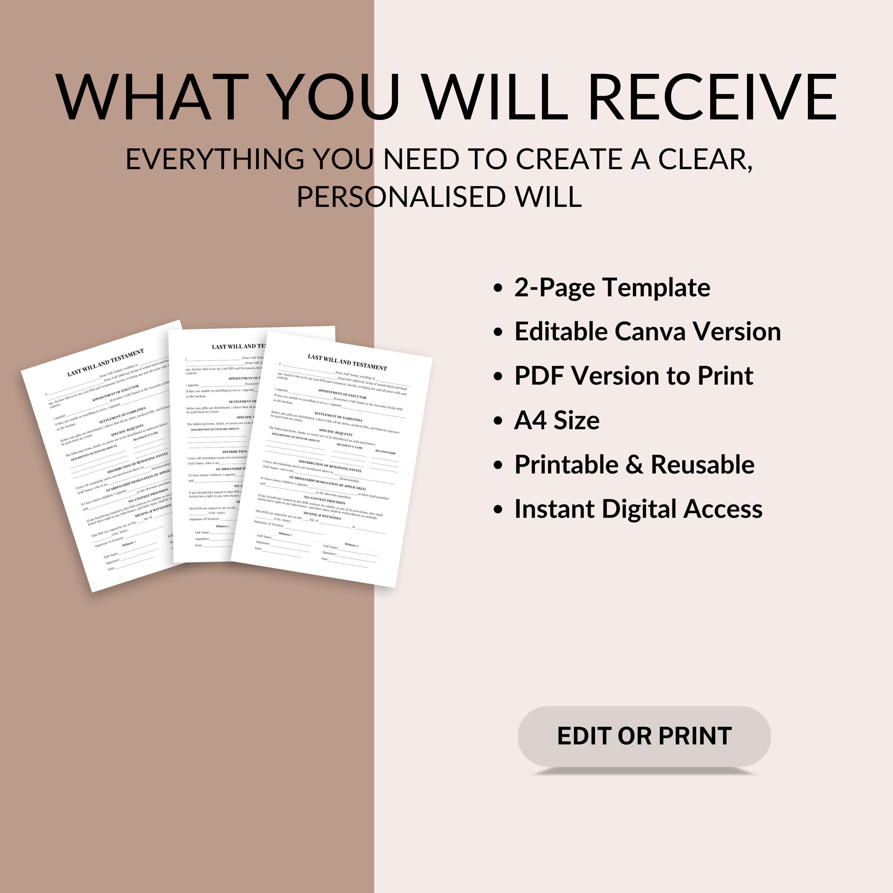 Editable Last Will and Testament Template, Printable One Page Will Form ...