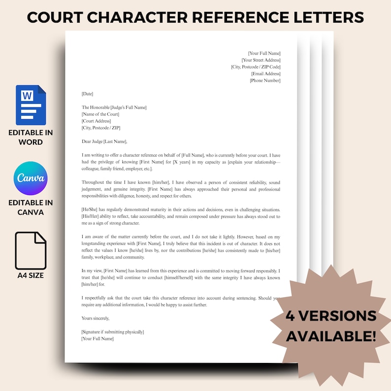 Court Character Reference Letter, Editable Character Letter for Judge ...