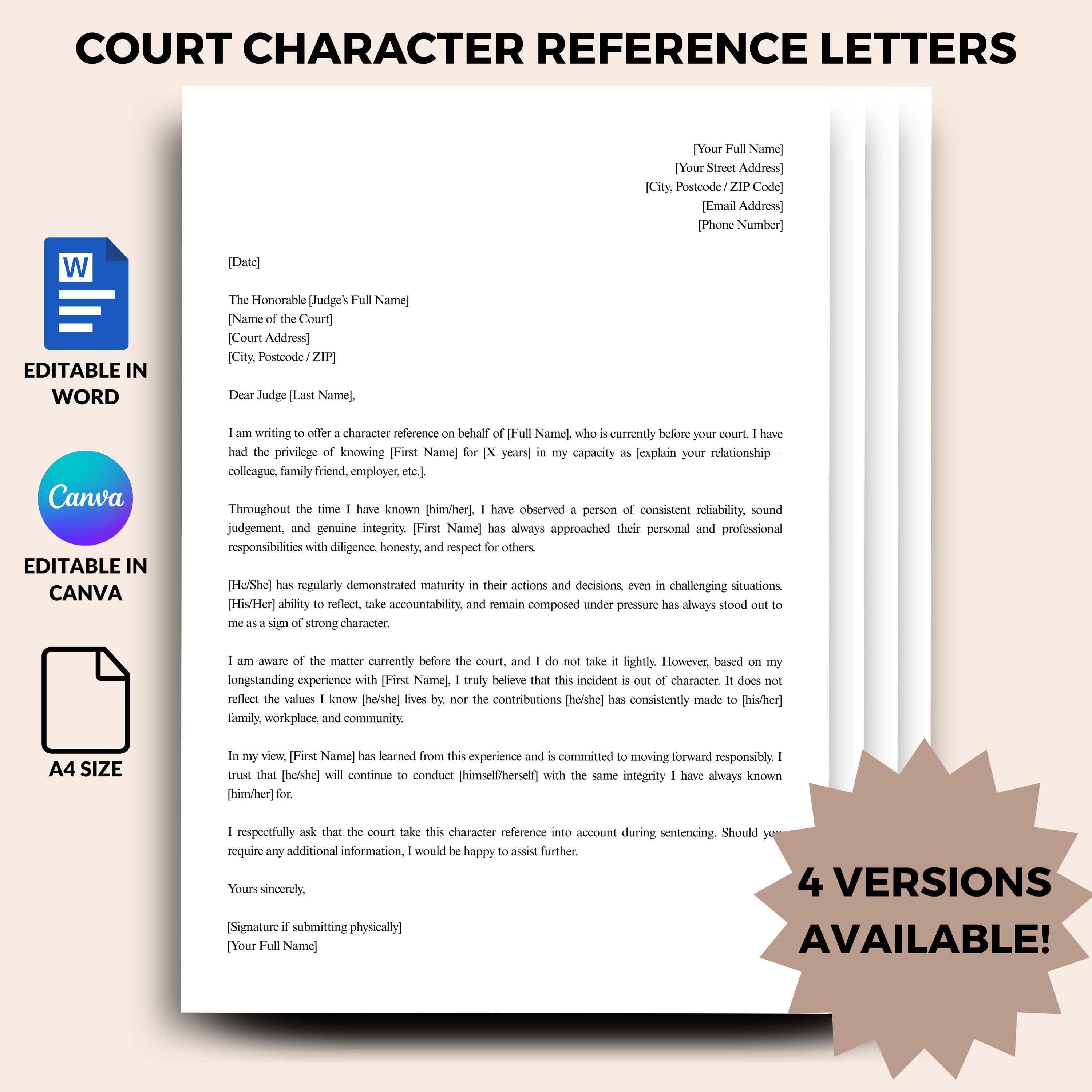Court Character Reference Letter, Editable Character Letter for Judge ...