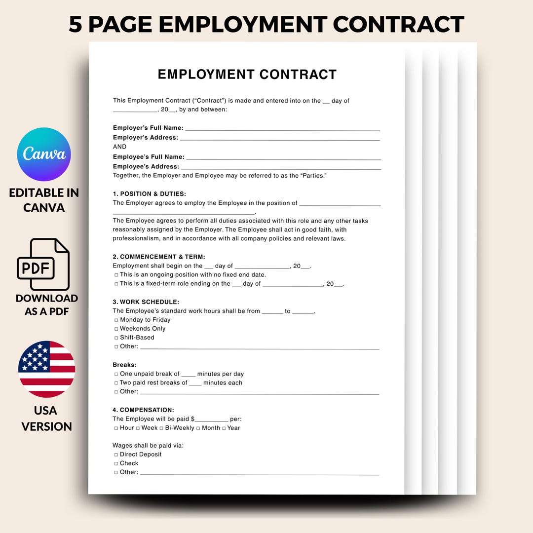 US Employment Contract Agreement Template, Printable HR Form for ...