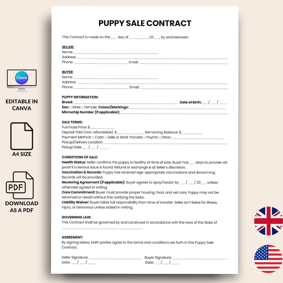 Editable Puppy Sale Contract Template, Printable One Page Puppy ...