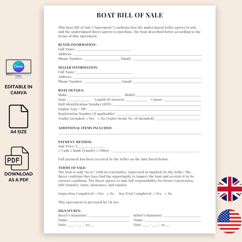 Boat Bill of Sale Template, UK & US Editable PDF, Printable Boat Sale ...