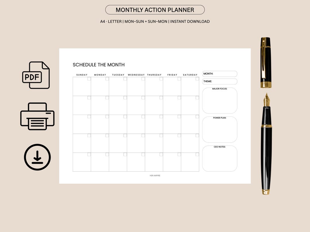 Monthly Planner Printable | A4 + Letter Size PDF | Undated Monthly ...
