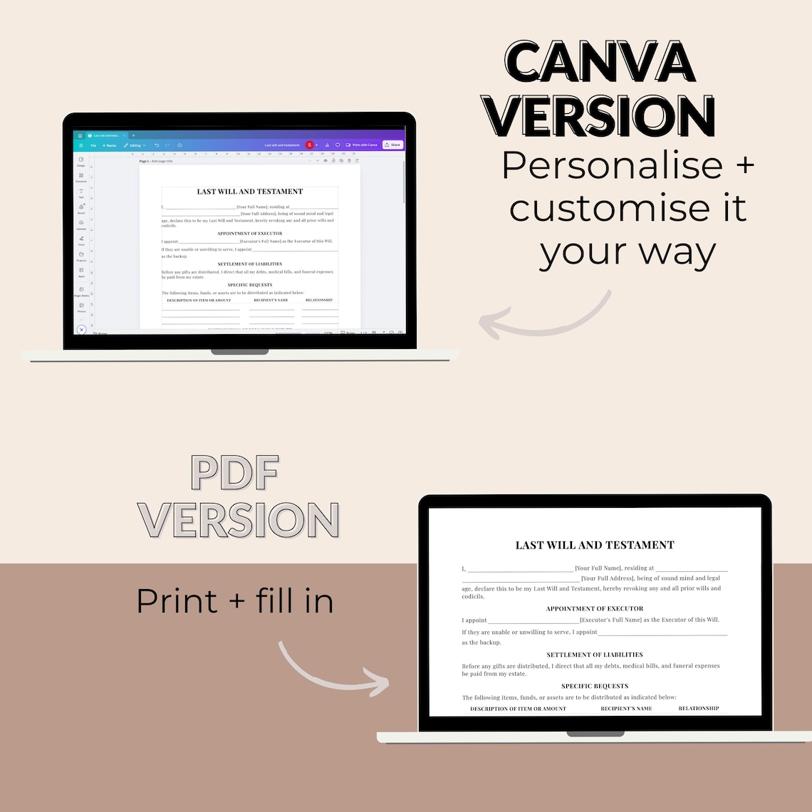 Editable Last Will and Testament Template, Printable One Page Will Form ...