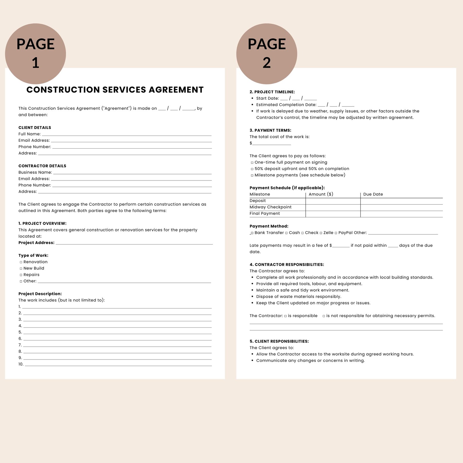 Construction Contract Template, Editable Building Agreement, A4 Canva ...