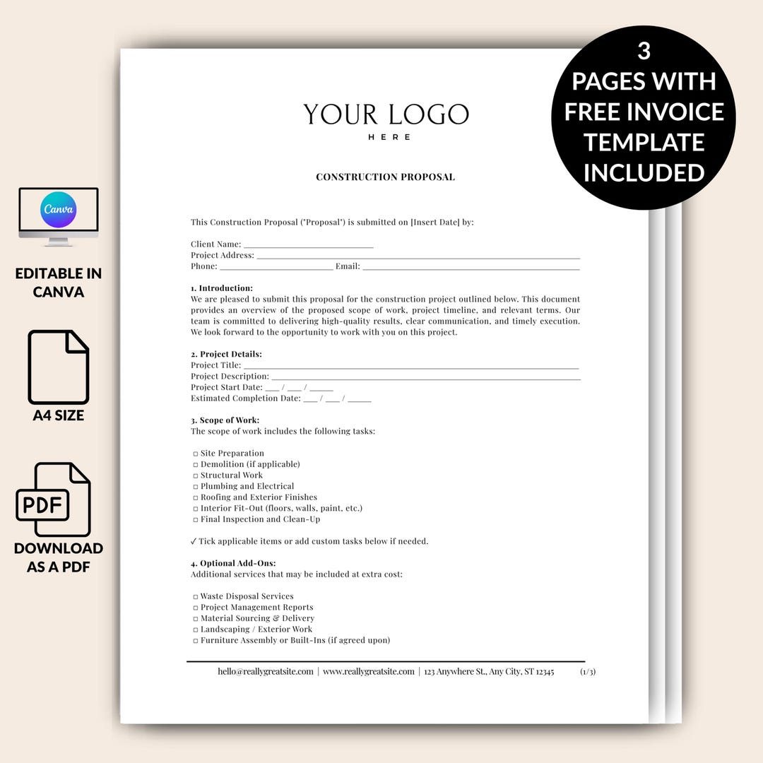 Editable Construction Proposal Template, Customizable Contractor Form ...