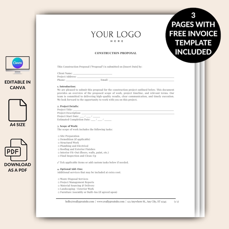 Editable Construction Proposal Template, Customizable Contractor Form ...