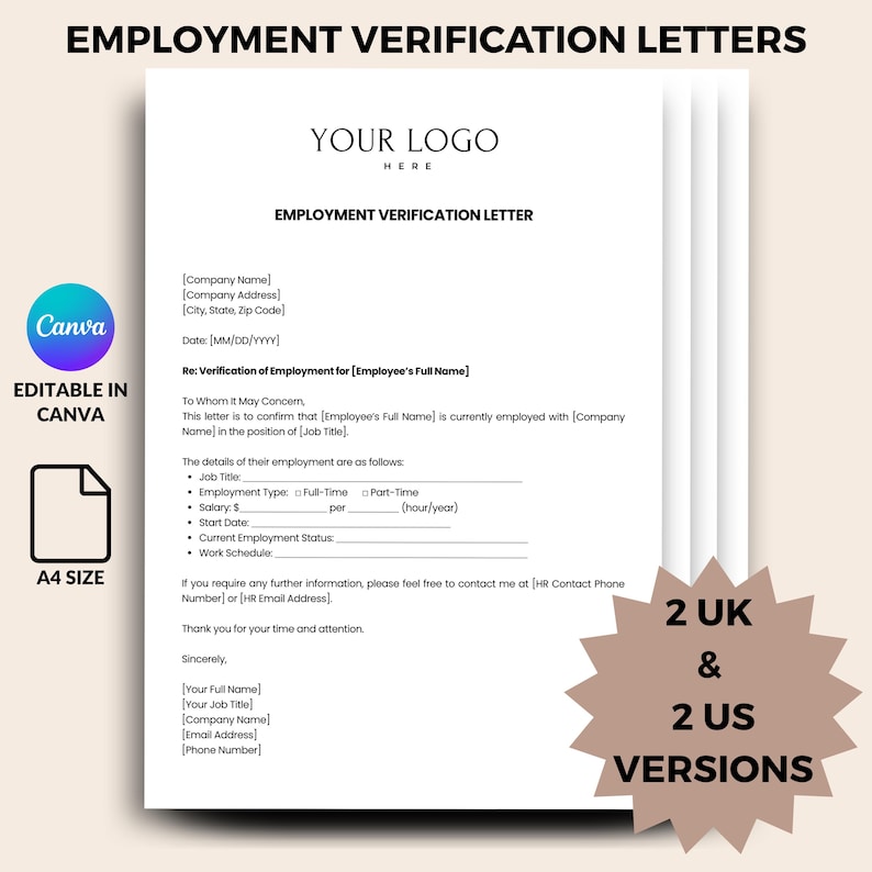 Employment Verification Letter Template, Editable in Canva, Job Proof ...