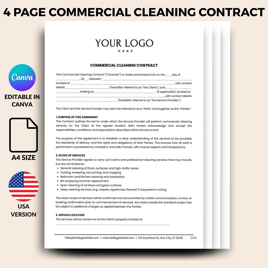 Commercial Cleaning Contract Template, Editable Janitorial Service Agreement Canva, Office ...