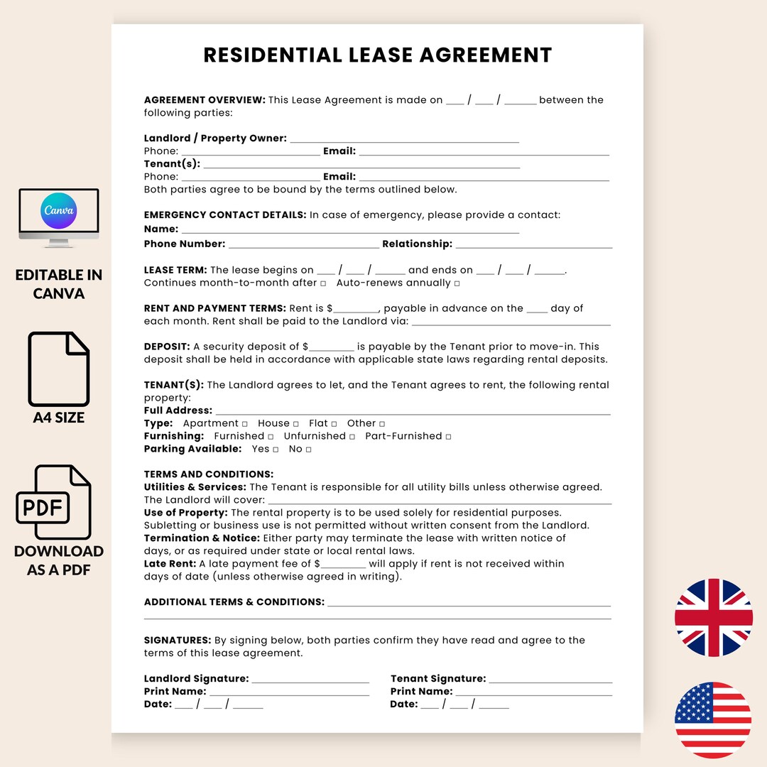Editable Lease Agreement Template UK US Residential Tenancy
