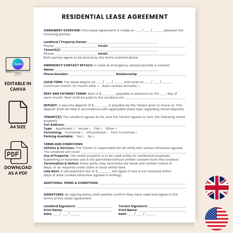 Editable Lease Agreement Template UK & US, Residential Tenancy ...