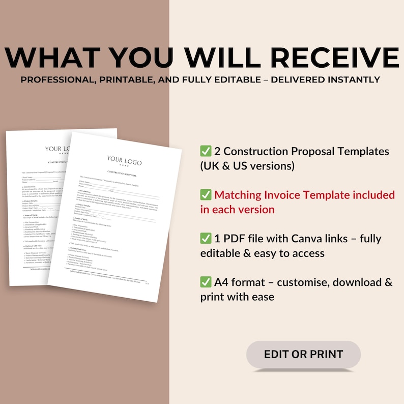 Editable Construction Proposal Template, Customizable Contractor Form ...