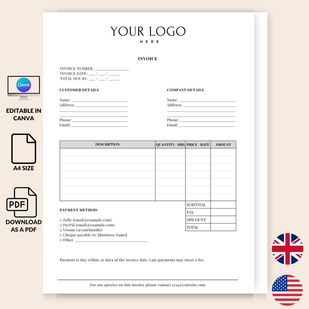 Minimalist Invoice Template Canva, Editable Small Business Billing Form ...