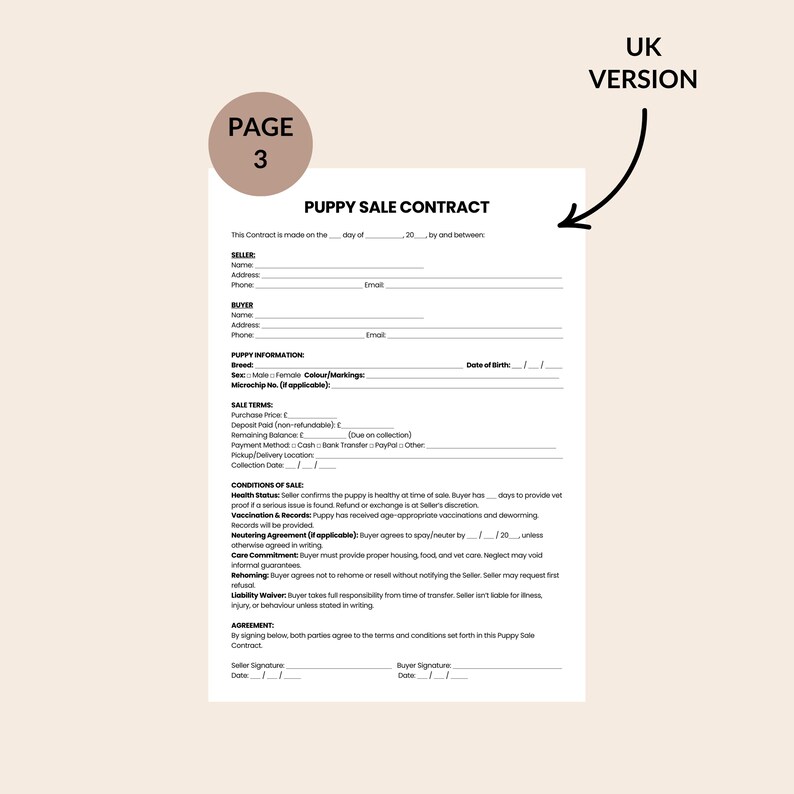 Editable Puppy Sale Contract Template, Printable One Page Puppy ...