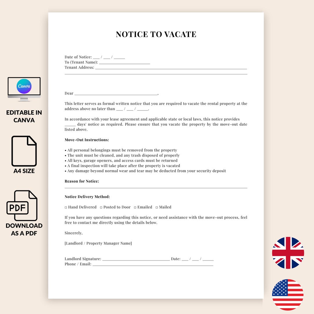 Notice to Vacate Template – Editable Eviction Letter, Printable Lease ...