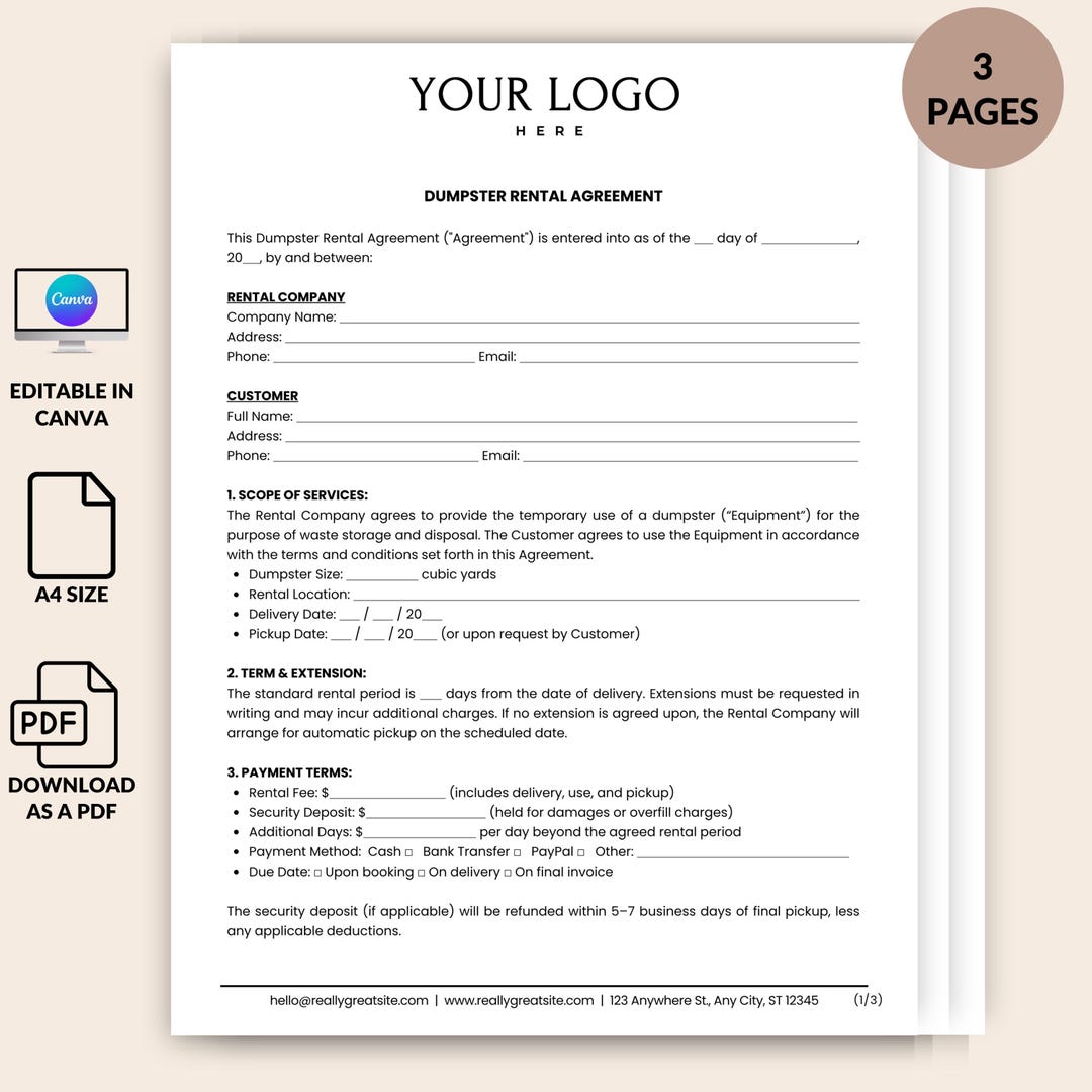 Dumpster Rental Agreement Template, Editable Waste Disposal Contract ...