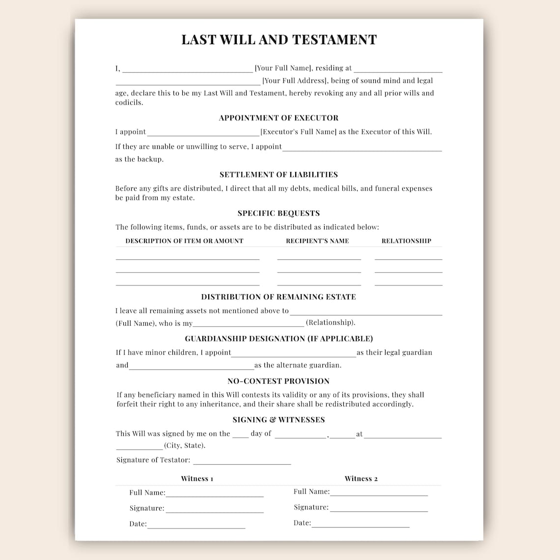 Editable Last Will and Testament Template, Printable One Page Will Form ...