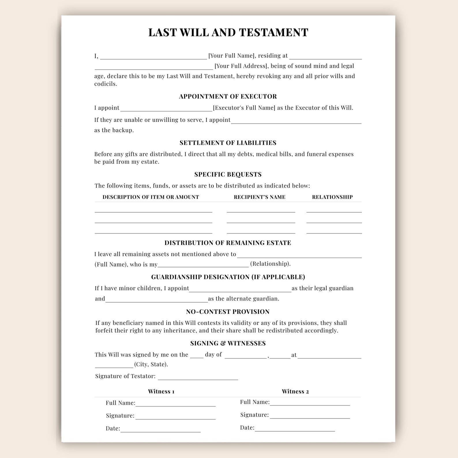 Editable Last Will and Testament Template, Printable One Page Will Form ...