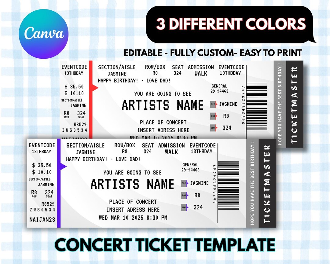 Editable Concert Ticket Canva Template, Ticketmaster Ticket, Surprise Concert Tickets, DIY ...
