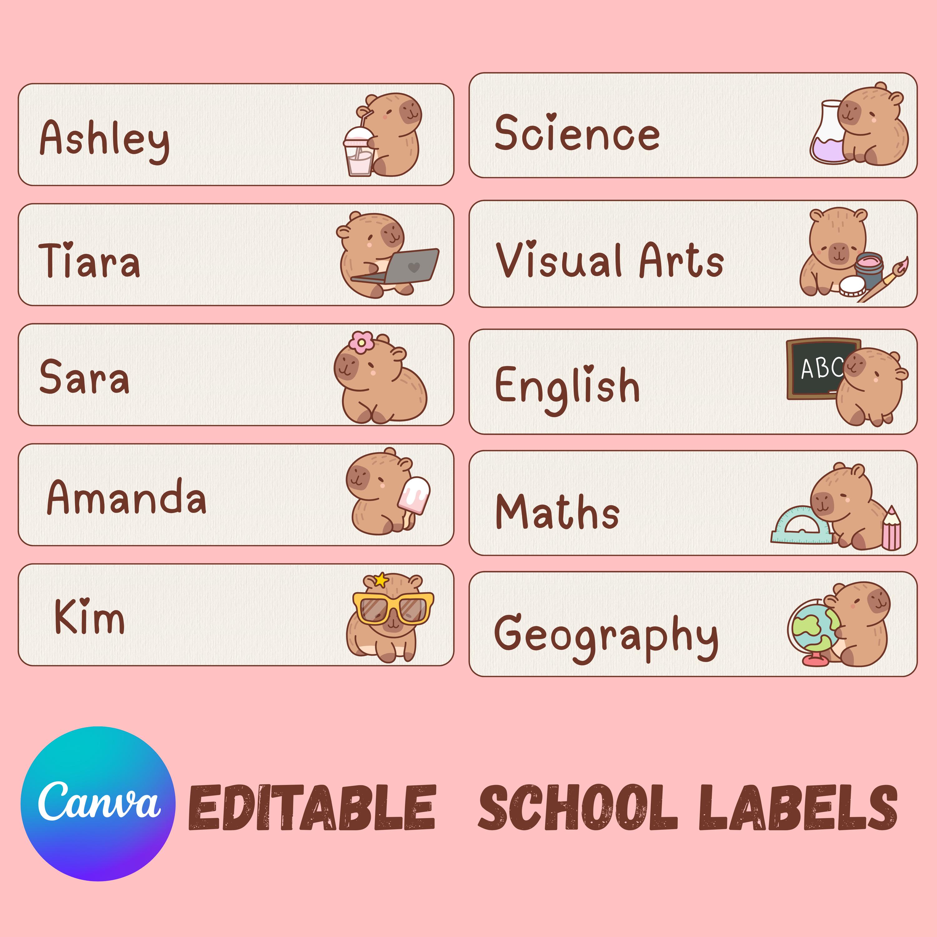 Editable Capybara School Labels, Printable Name and Subject Labels ...